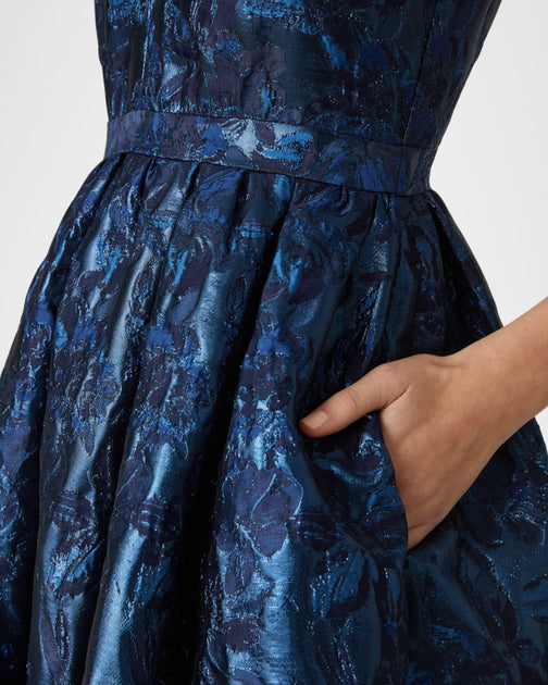 Shoshanna Pleated Crossover Metallic Jacquard Midi Dress | ShopSimon