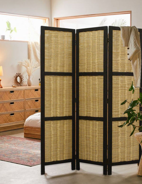 Homezia Dark Brown And Natural Willow 3 Panel Room Divider Screen ...