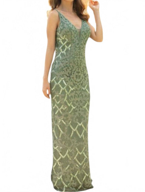Primavera V Neck Open Low Back Prom Dress In Sage Green | ShopSimon