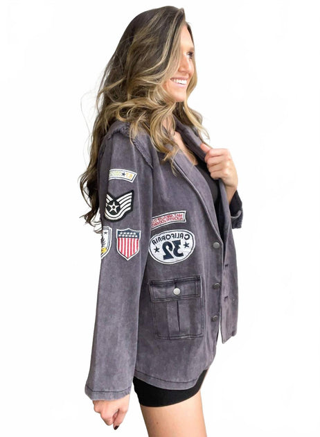 POL Vintage Patch Detail Military Blazer Jacket In Blackberry | ShopSimon