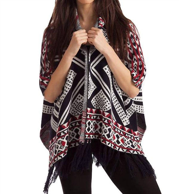 french kyss Hannah Tassel Poncho In Black/red | ShopSimon