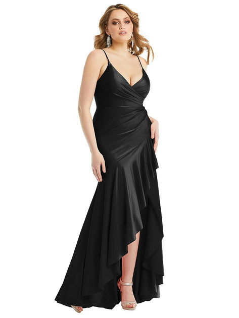 Cynthia & Sahar Pleated Wrap Ruffled High Low Stretch Satin Gown with ...
