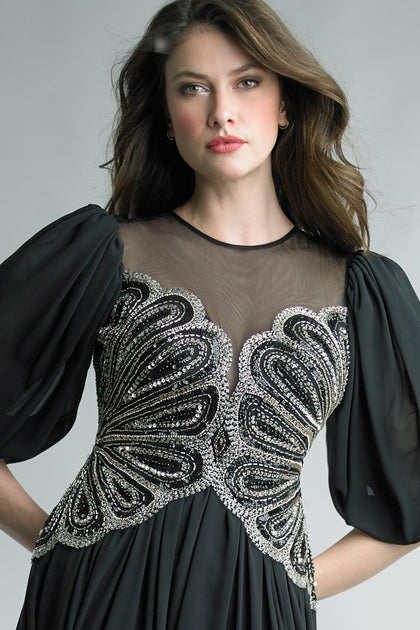Basix Black Label Puff Sleeve Beaded Butterfly Gown | ShopSimon