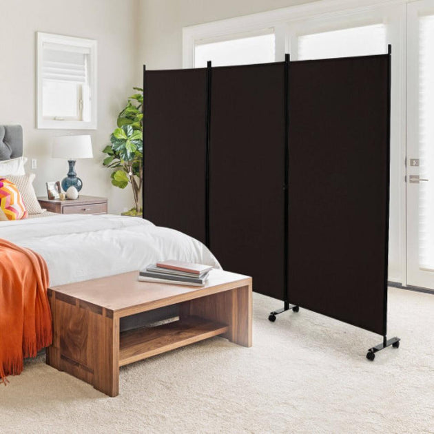 Hivvago 3 Panel Folding Room Divider with Lockable Wheels-Brown | ShopSimon