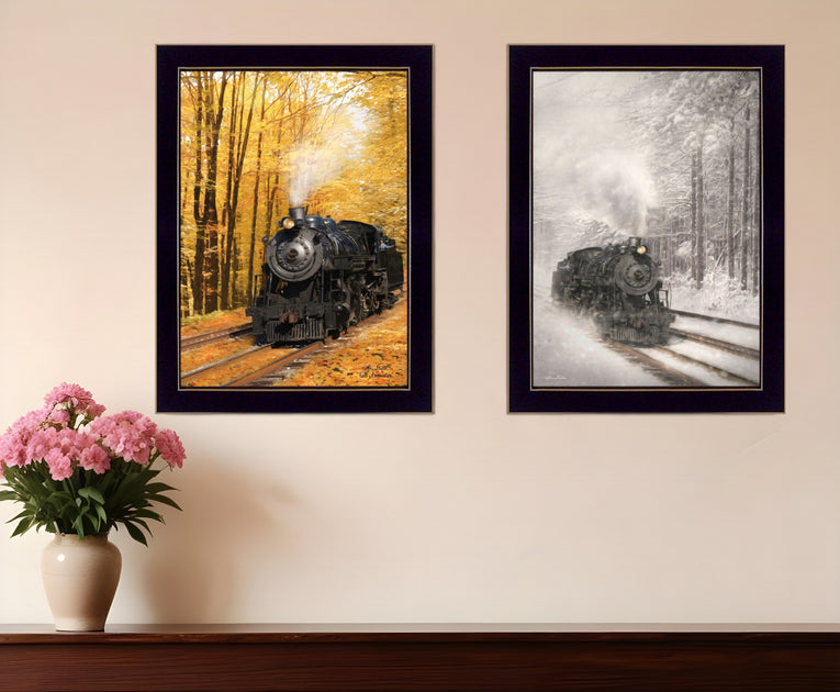 Homezia Set Of Two Vintage Locomotives Black Framed Print Wall Art ...