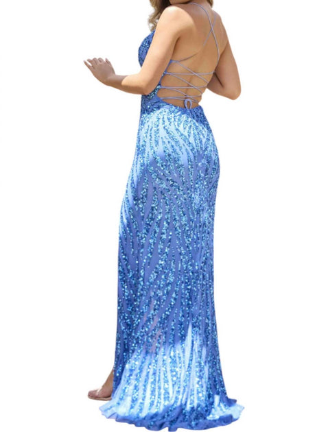 Primavera Corset Lace Up V-Neck Prom Dress In Azure | ShopSimon