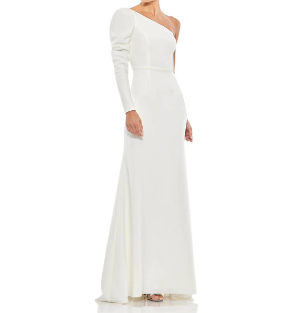 MAC DUGGAL One-Shoulder Gown With Dramatic Puff Sleeve And Thigh-High ...