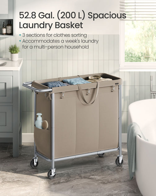 BreeBe 3-Section Rolling Laundry Hamper, 52.8 Gallons (200L) - Camel ...