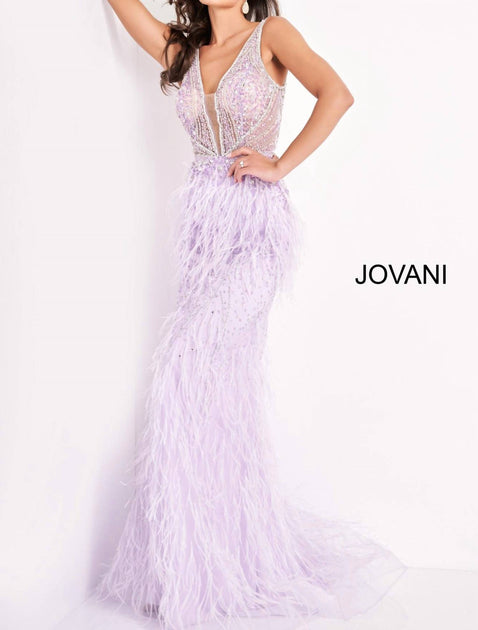 JOVANI Sheer Embellished Bodice Feather Dress In Lilac | ShopSimon