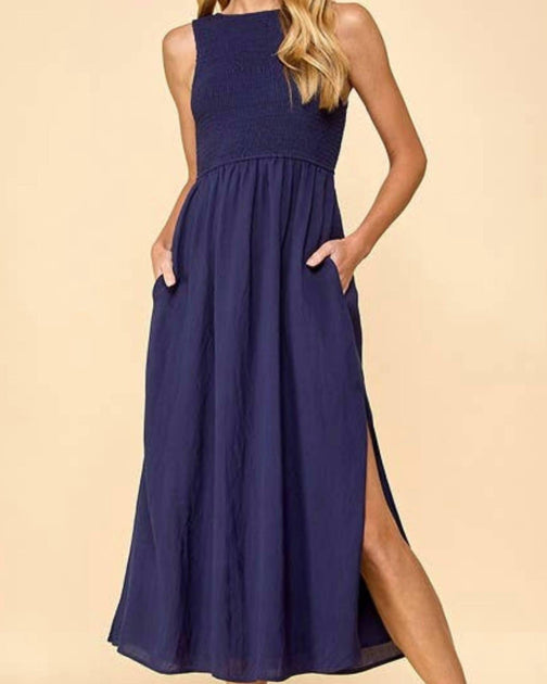 TCEC Sleeveless Smocked Bodice Midi Dress In Navy | ShopSimon