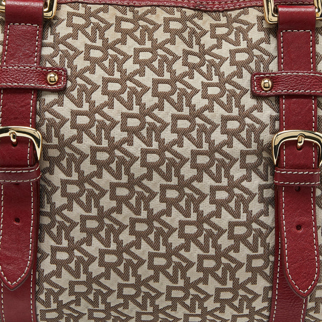 Dkny Beige/red Signature Canvas And Leather Zip Tote | ShopSimon