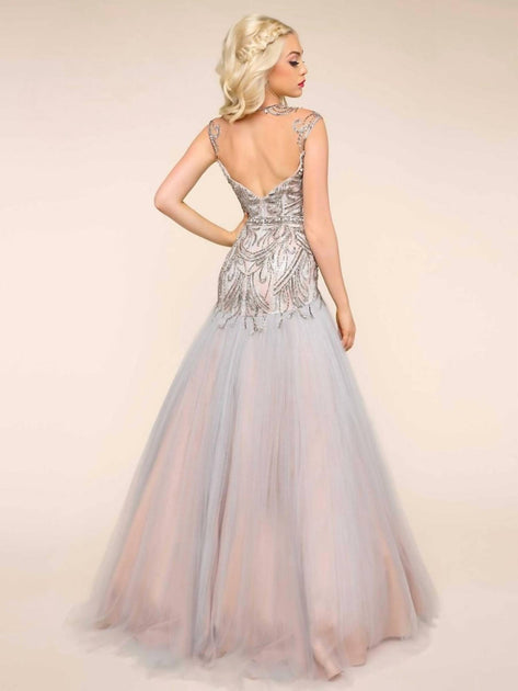 MAC DUGGAL Beaded Illusion Bodice Ball Gown In Platinum | ShopSimon