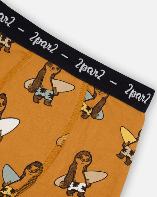 Deux par Deux Printed Organic Cotton Boxer Shorts Sloths On Tan ...