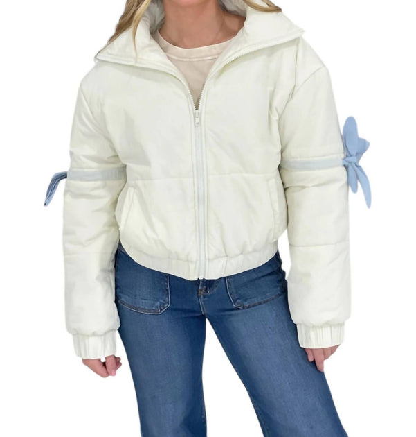 Pretty Garbage Bow Puffer Jacket In White | ShopSimon