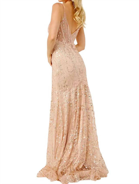 JVN Sheer Corset Bodice Prom Dress In Champ | ShopSimon