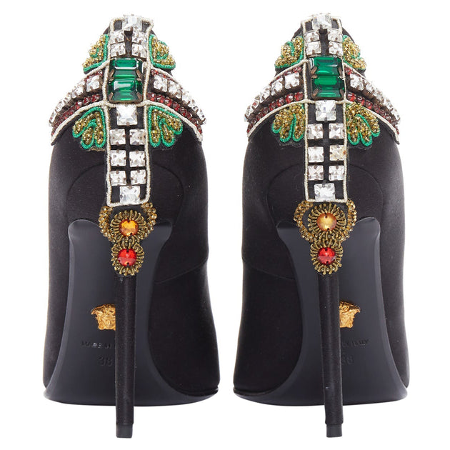 VERSACE Satin Byzantine Cross Encrusted Heels | ShopSimon