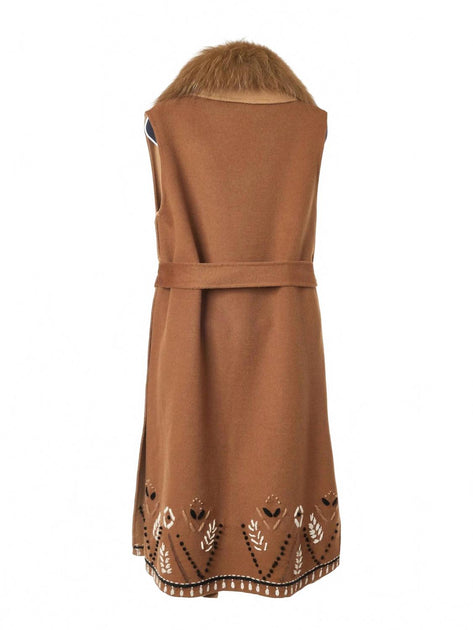 DiOMi Women's Long Embroidered Vest In Dark/light Camel | ShopSimon