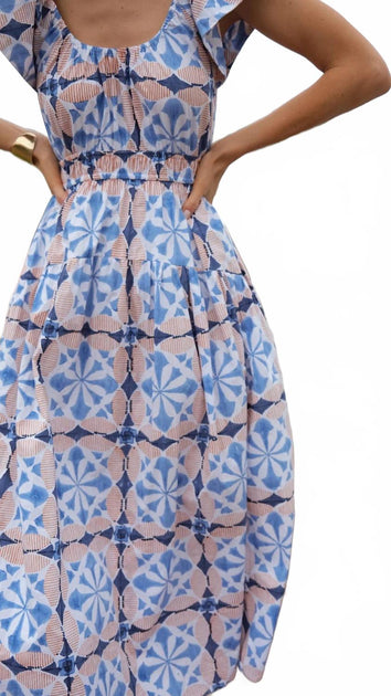 Marea Jane Dress In Blue Cafe Tile | ShopSimon
