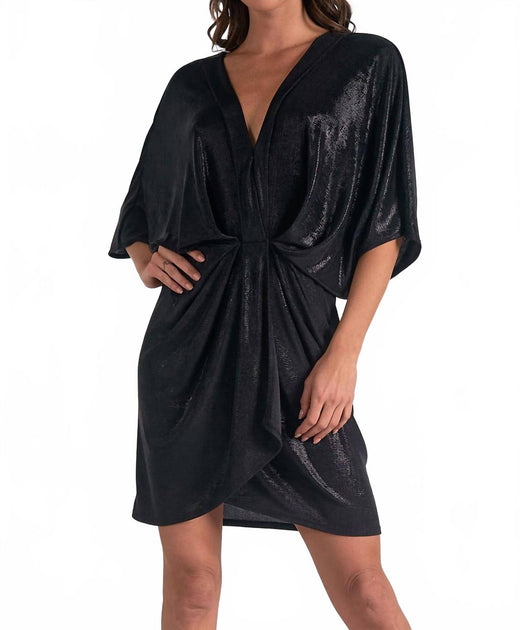 ELAN Shimmer Gathered Dress In Black | ShopSimon