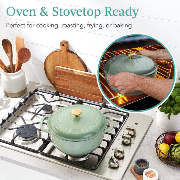 Hivvago 6 Quart Large Sage Green Enamel Cast-Iron Dutch Oven Kitchen ...