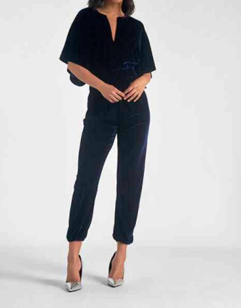 ELAN Velvet Jumpsuit In Midnight Blue | ShopSimon