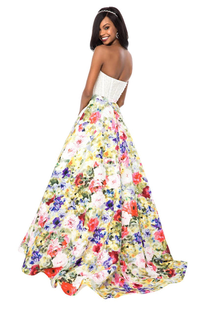 Sherri Hill Beaded Corset Bodice Prom Dress In Ivory/print | ShopSimon