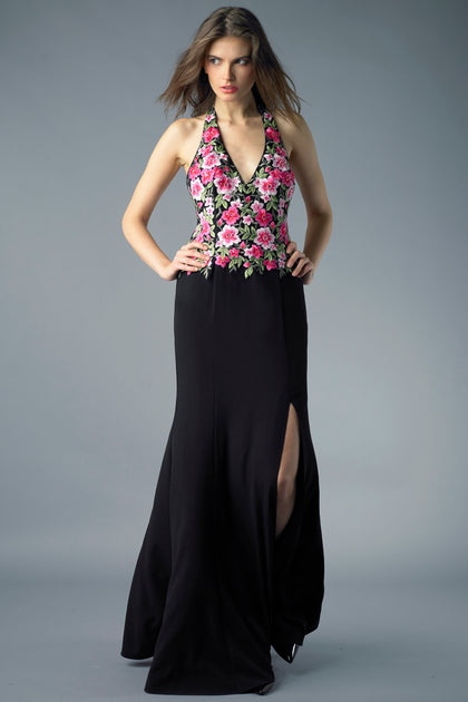 Basix Black Label Floral Halter Top Evening Gown | ShopSimon