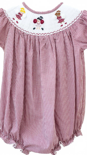 Ruth and Ralph Girl's Cheerleaders Birdie Smocked Bubble In Maroon ...