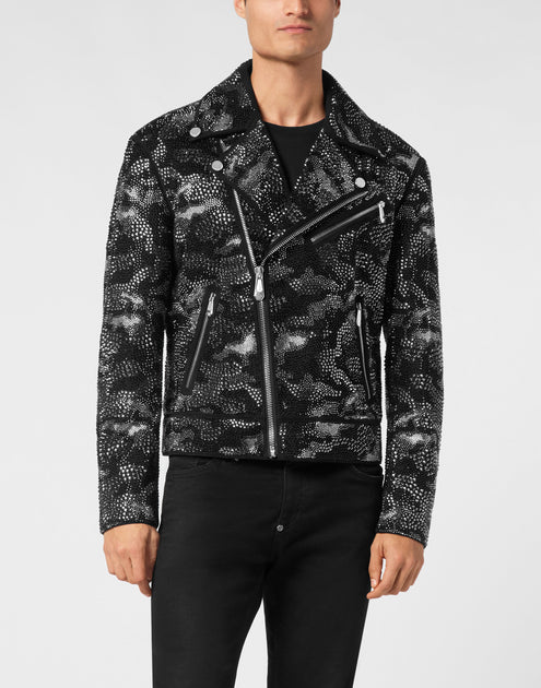 PHILIPP PLEIN Strass Leather Biker Jacket Camouflage | ShopSimon