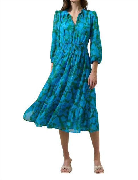 SUGARLIPS Akeem Floral Henri Smocked Midi Dress In Blue | ShopSimon