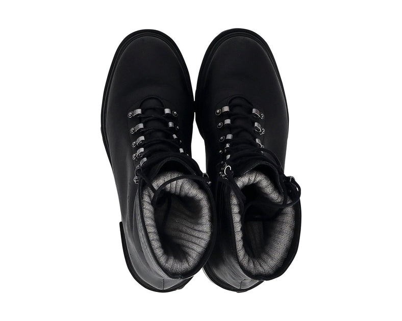 Porte & Paire Ribbed-knit Trimmed Combat Boots In Black Leather | ShopSimon