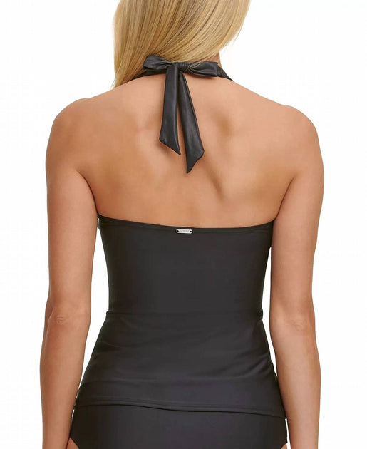 DKNY Front Halter Tankini Swimsuit Top In Black | ShopSimon