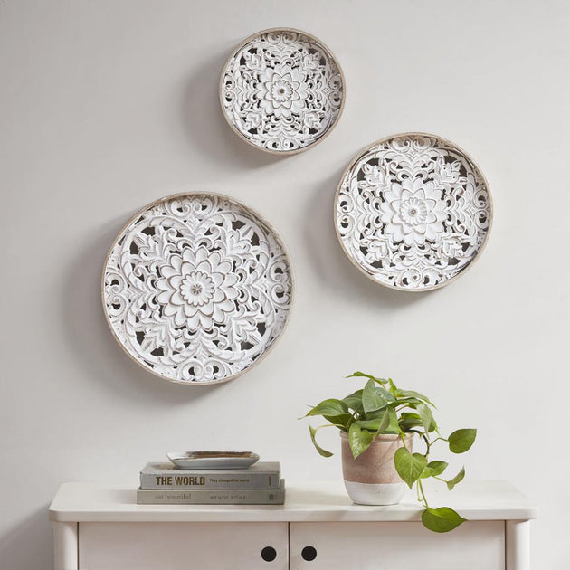 Madison Park Distressed White Floral 3-piece Carved Wood Wall Decor Set ...