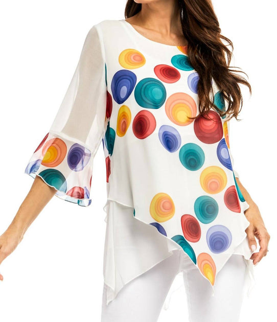 Adore Chiffon Bright Multi Colored Dot Blouse In White | ShopSimon
