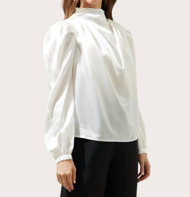 SUGARLIPS Estella Satin Mock Neck Blouse In White | ShopSimon