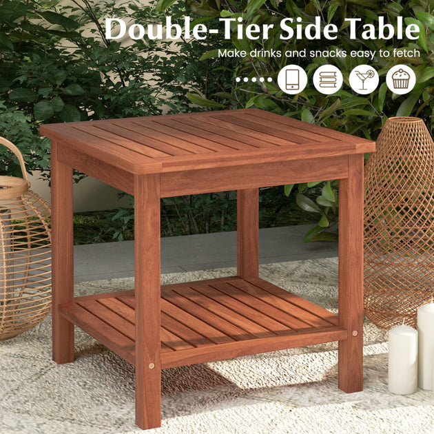 Hivvago Double-Tier Acacia Wood Patio Side Table with Slatted Tabletop ...
