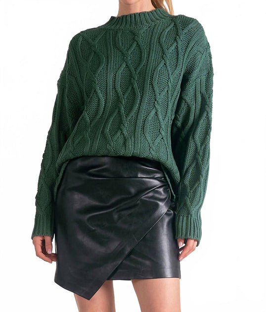ELAN Crewneck Cable Knit Sweater In Dark Green | ShopSimon