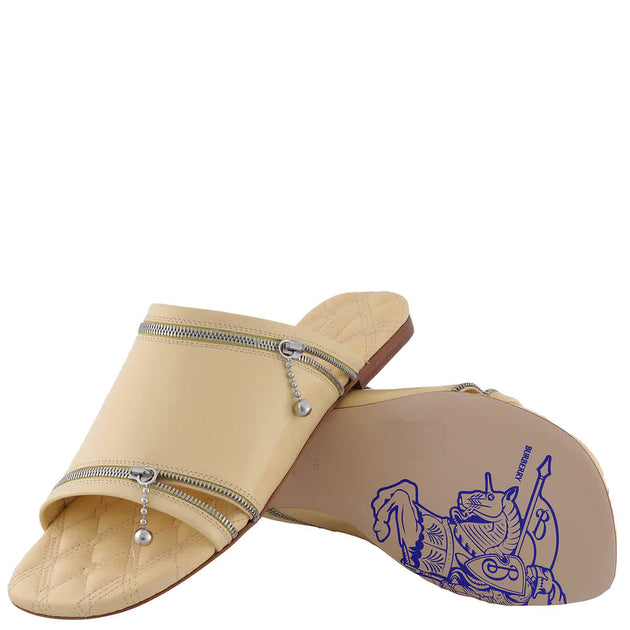 Burberry Leather Peep-toe Slides With Equestrian Knight Design | ShopSimon
