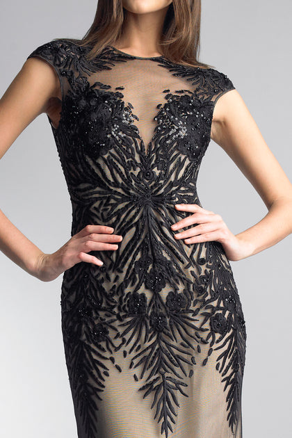Basix Black Label Cap Sleeve Gown With Sheer Elements | ShopSimon