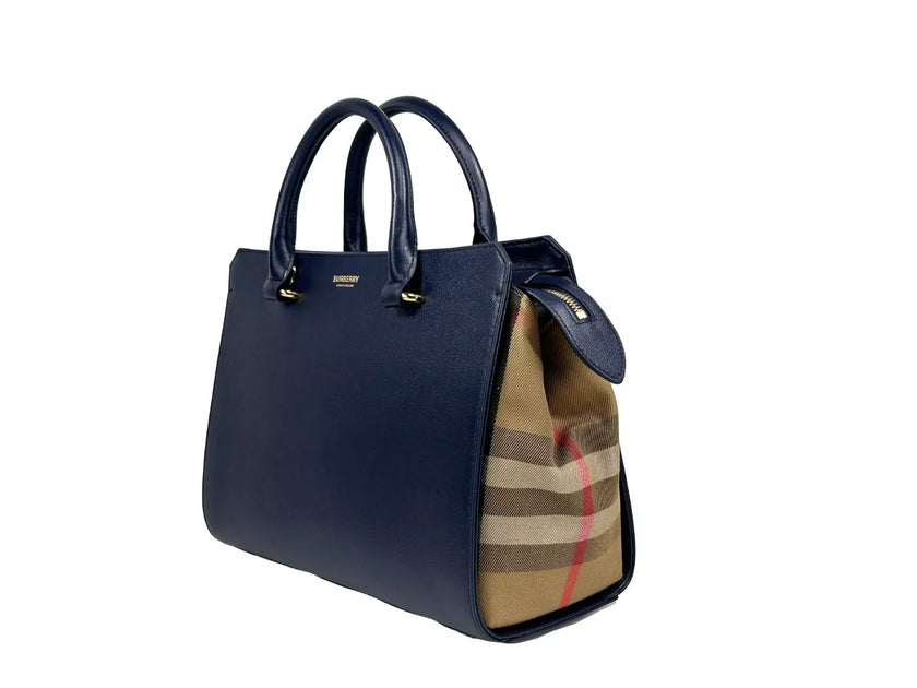Burberry Small Banwell Leather Tote Bag Purse Women's Blue | ShopSimon