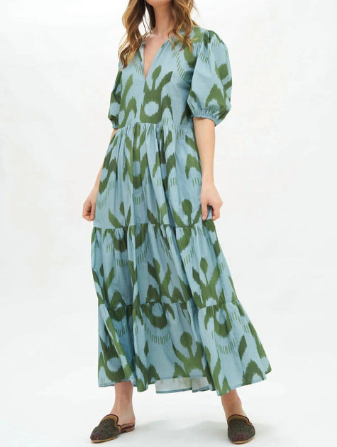 Oliphant Puff Sleeve Maxi Dress In Blue/green | ShopSimon
