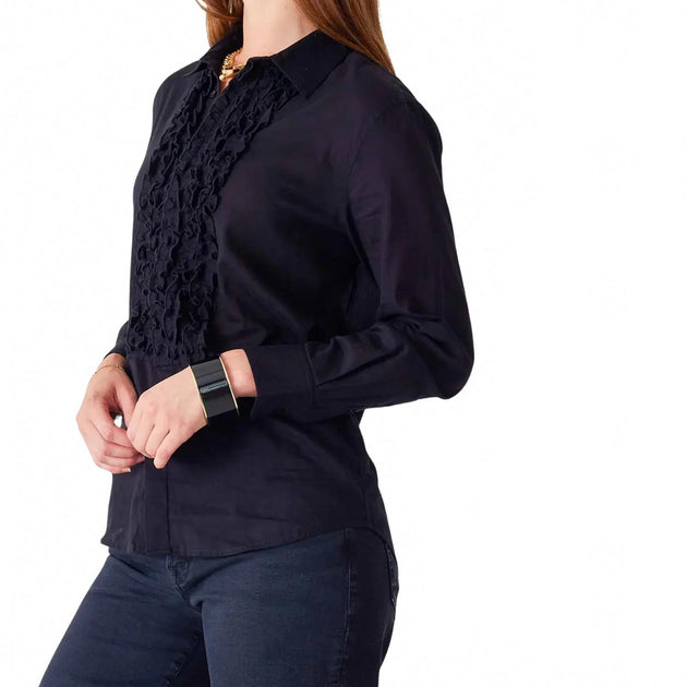 MERSEA Voyageur Tuxedo Ruffle Shirt In Black | ShopSimon