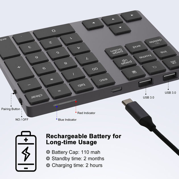 LINNETEC Aluminum Alloy Bluetooth Wireless Numeric Keypad without USB ...