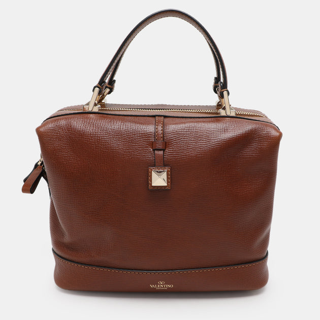 Valentino Brown Leather Roman Stud Satchel | ShopSimon