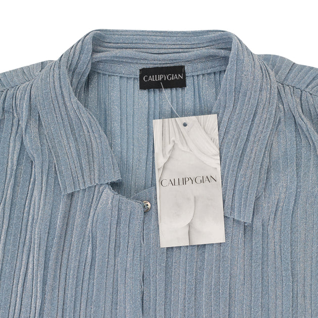 Callipygian Lurex Crinkle Pale Blue Button-up | ShopSimon