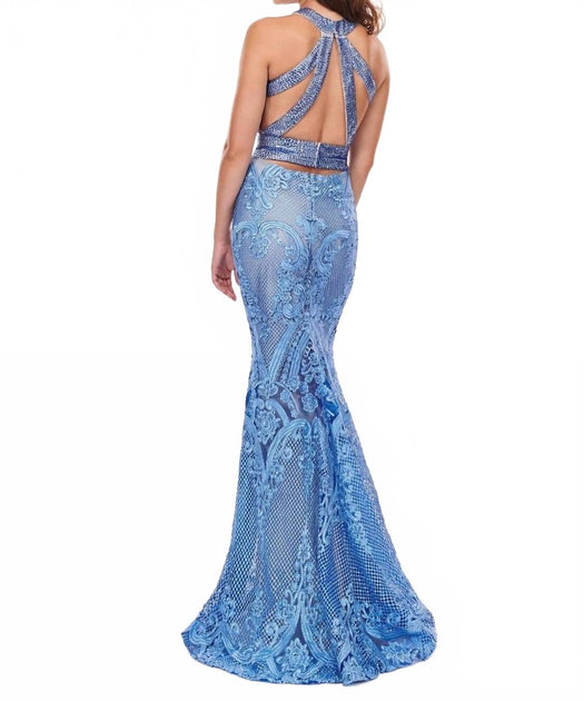 RACHEL ALLAN Lace Halter Neck Prom Dress In Deep Periwinkle | ShopSimon