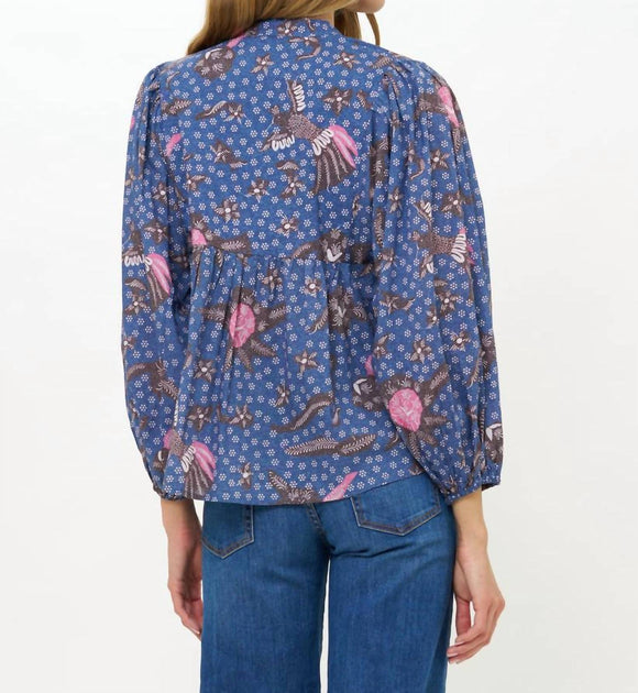 Oliphant Women's Mandarin Balloon Top In Bali Navy | ShopSimon