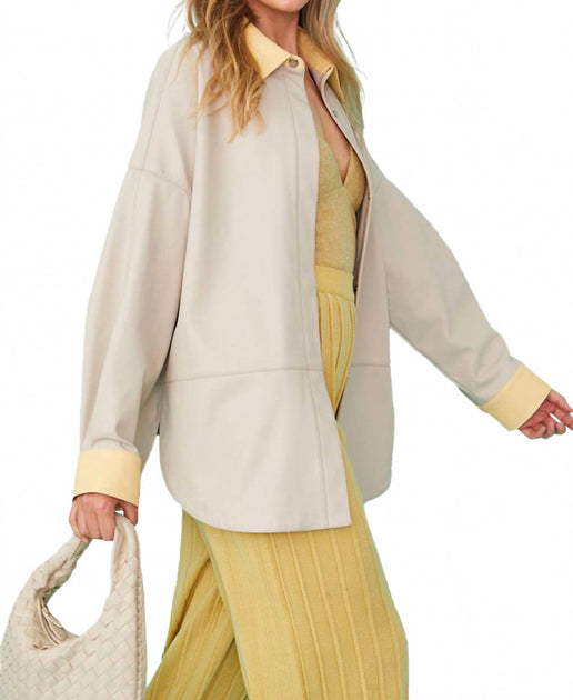 JAYLEY Oversized Faux Leather Utility Shirt Jacket In Beige With Yellow ...