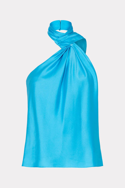 MILLY Jen Satin Top In Sky Blue | ShopSimon