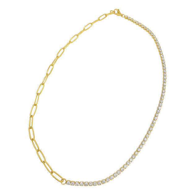 Adornia Half Tennis Necklace And Paper Clip Chain Gold | ShopSimon